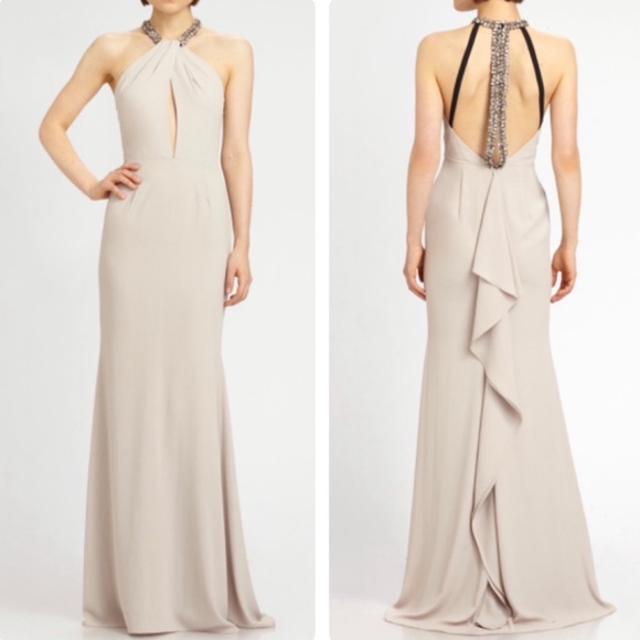 BCBGMaxAzria | Dresses | Bcbgmaxazria Sarah Open Front Back Gown Beaded ...